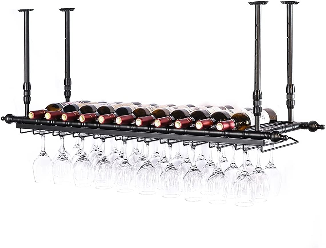 Hanging Wine Rack with Glass Holder and Shelf,Adjustable Metal Ceiling ...