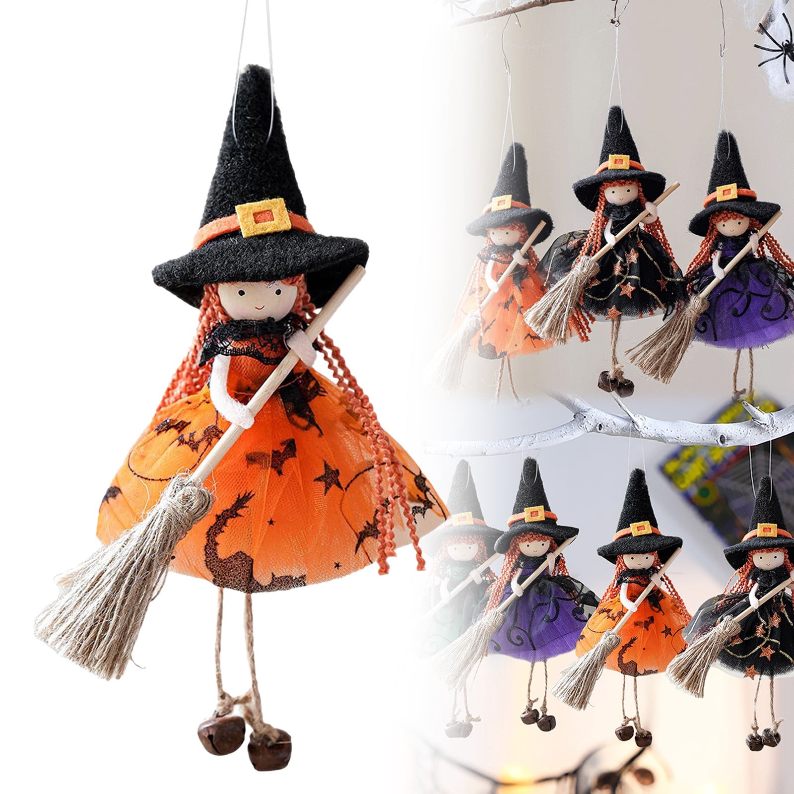 Hanging Witch Doll Decor - Halloween Witch Ornament with Broom & Gauze ...