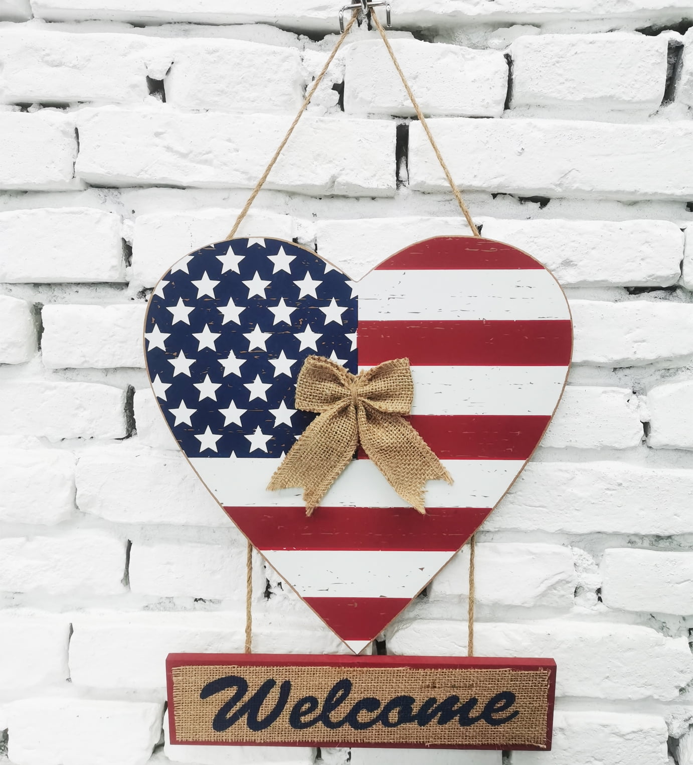 Hanging Wood Americana Heart Welcome Sign Wooden Patriotic Welcome Door ...