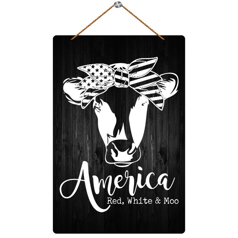 Hanging Wood Sign America Red White Amp Moo Cow Wood Sign 12X 8 Inch ...