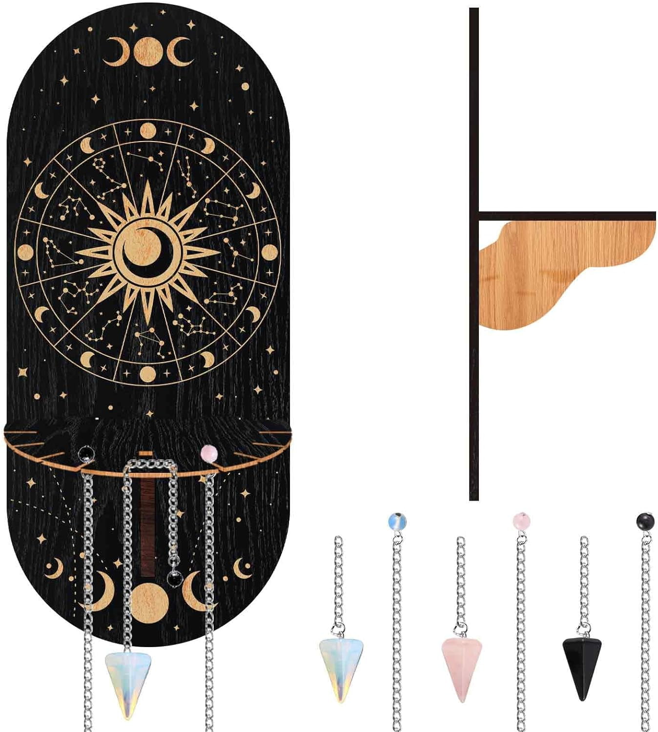 Hanging Wooden Crystal Display Shelf with Natural Rose Quartz & Opalite ...
