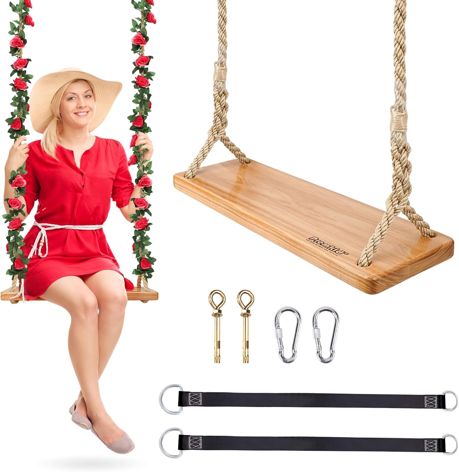 Hanging Wooden Swing, 24"x 8"x 1.2" Tree Swing for Adults Kids ...