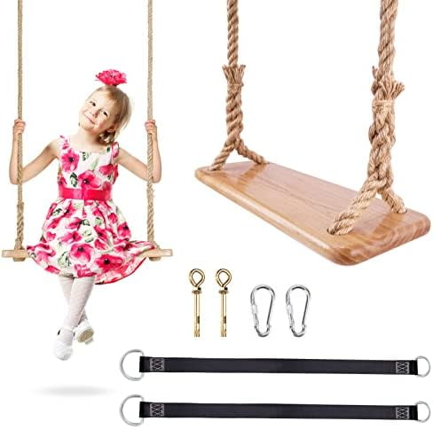 Hanging Wooden Swing, Swing Seat 16"x 6.3"x 0.8", Tree Swing for Adults Kids with 500lbs Load ...