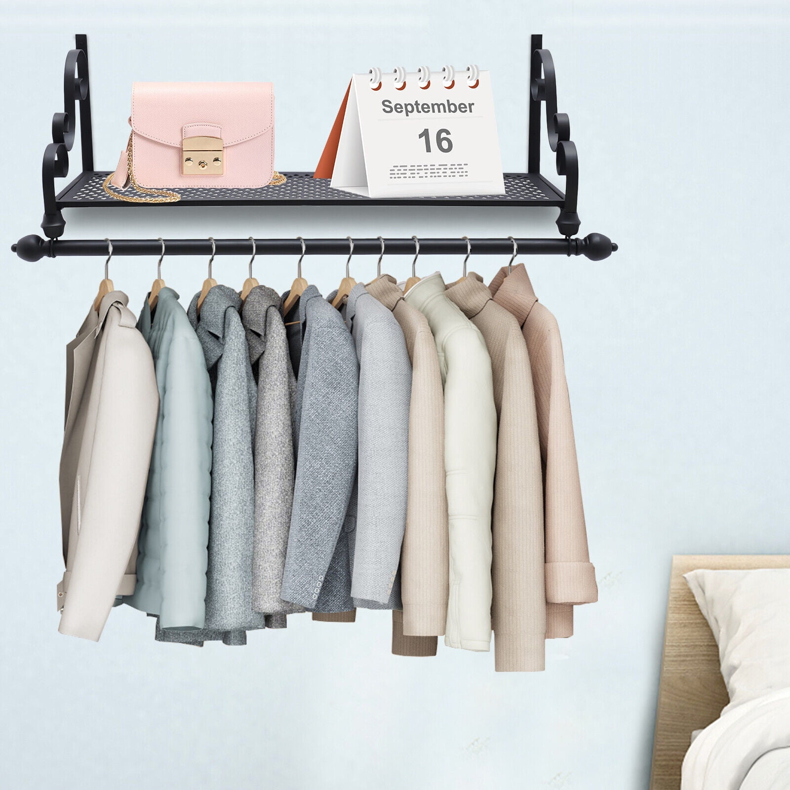 Hanging Wrought Iron Coat Rack Storage Shelf Wall Mounted With Iron ...
