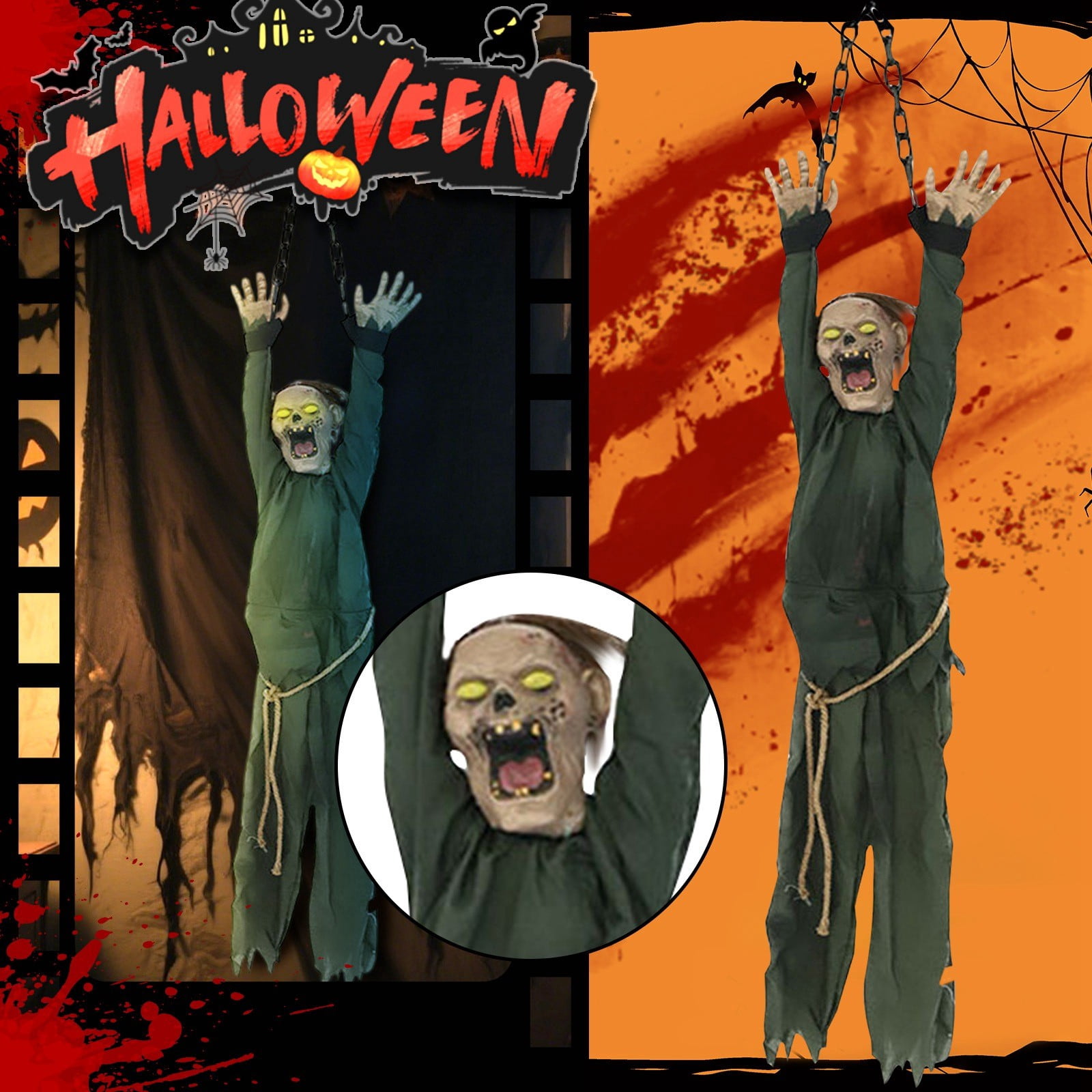 Hanging Zombie Halloween Decoration, Life-Size Scary Prop with Chains ...