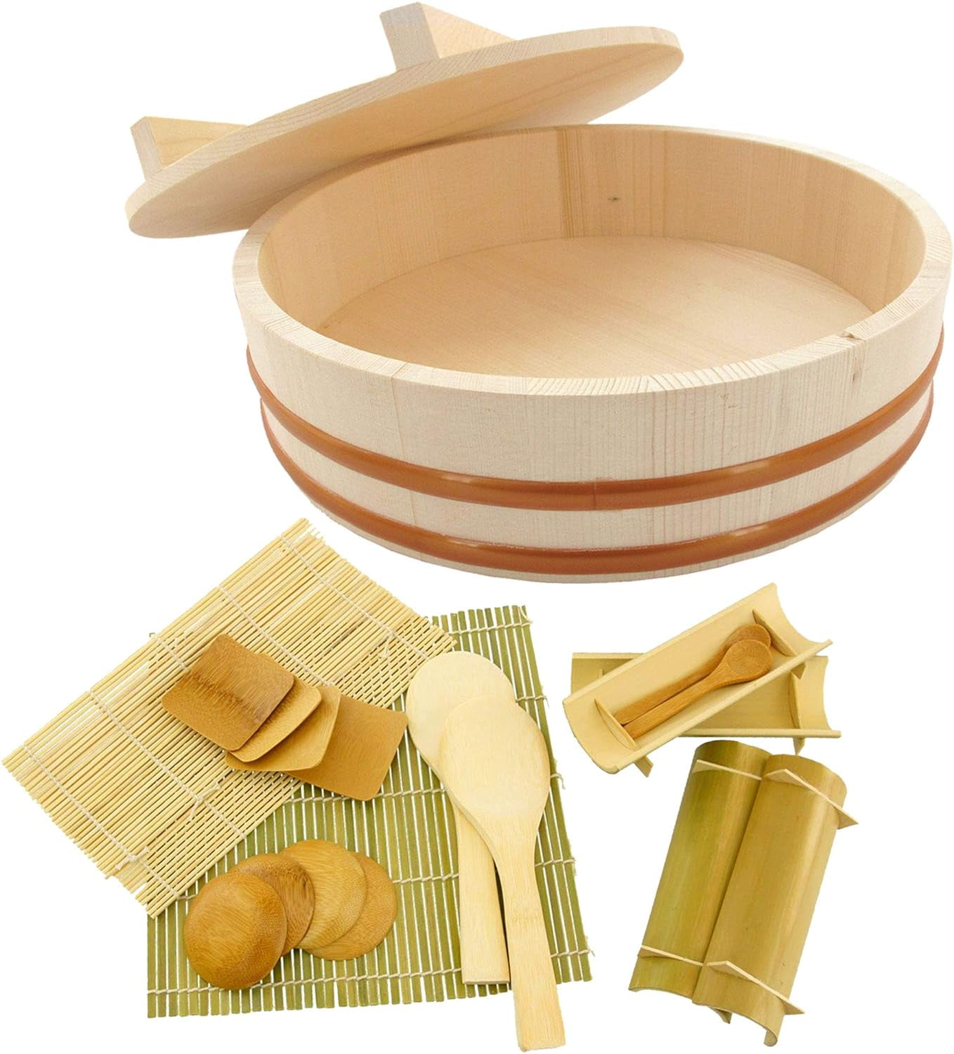 Hangiri Oke Sushi Rice Cooling Bowl/Tub with Lid, 19 Pieces Making ...