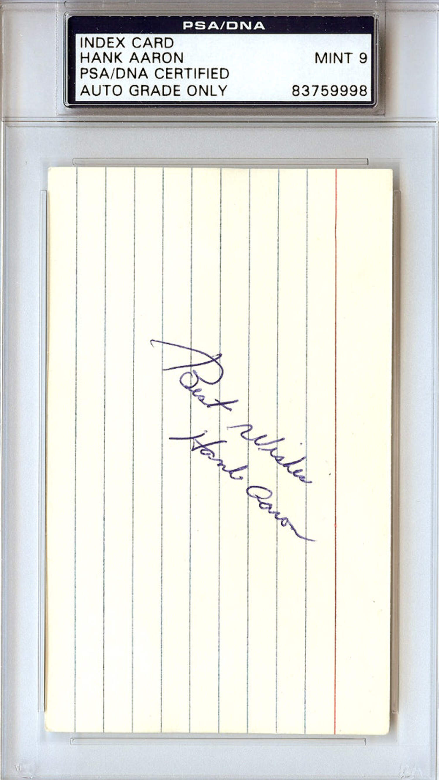 Hank Aaron Autographed 3x5 Index Card Atlanta Braves "Best Wishes" Mint ...