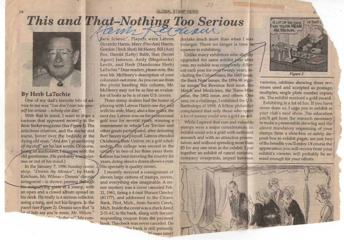 Hank Ketcham Signed Autographed Newspaper Clipping Dennis the Menace ...