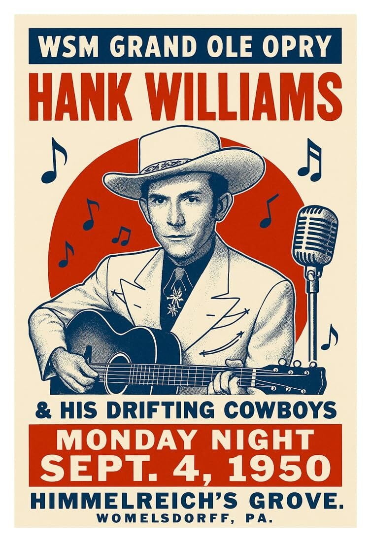 Hank Williams Concert Poster, Sept 4th, 1950, Himmeleich's Grove, PA, Art Print - Walmart.com