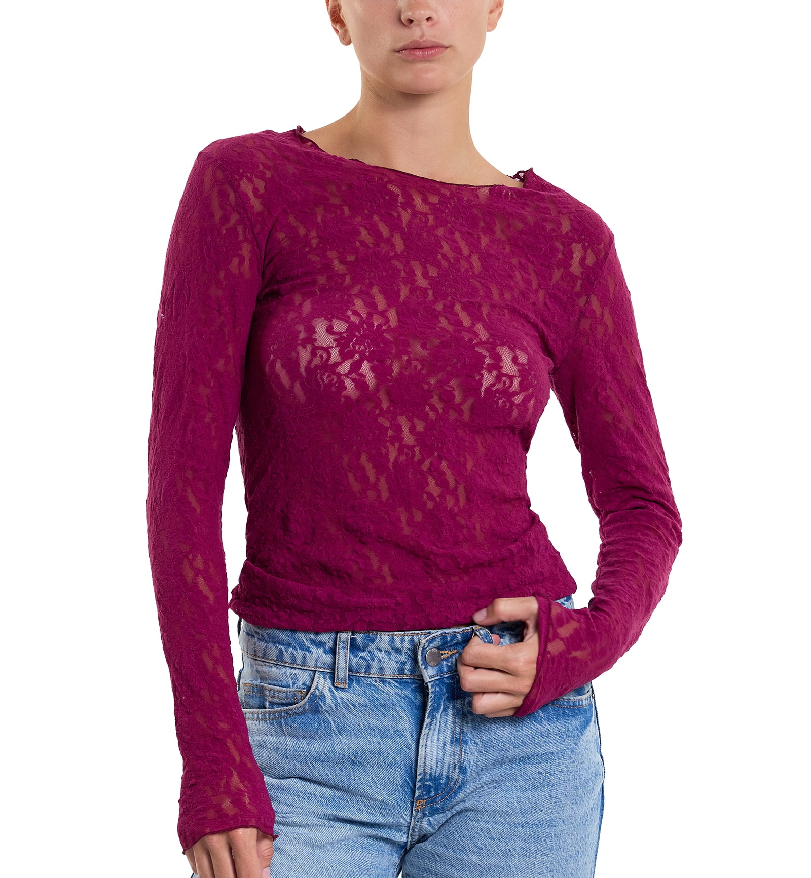 Hanky Panky Signature Lace Unlined Long Sleeve Top (128L),Large,Sugar ...