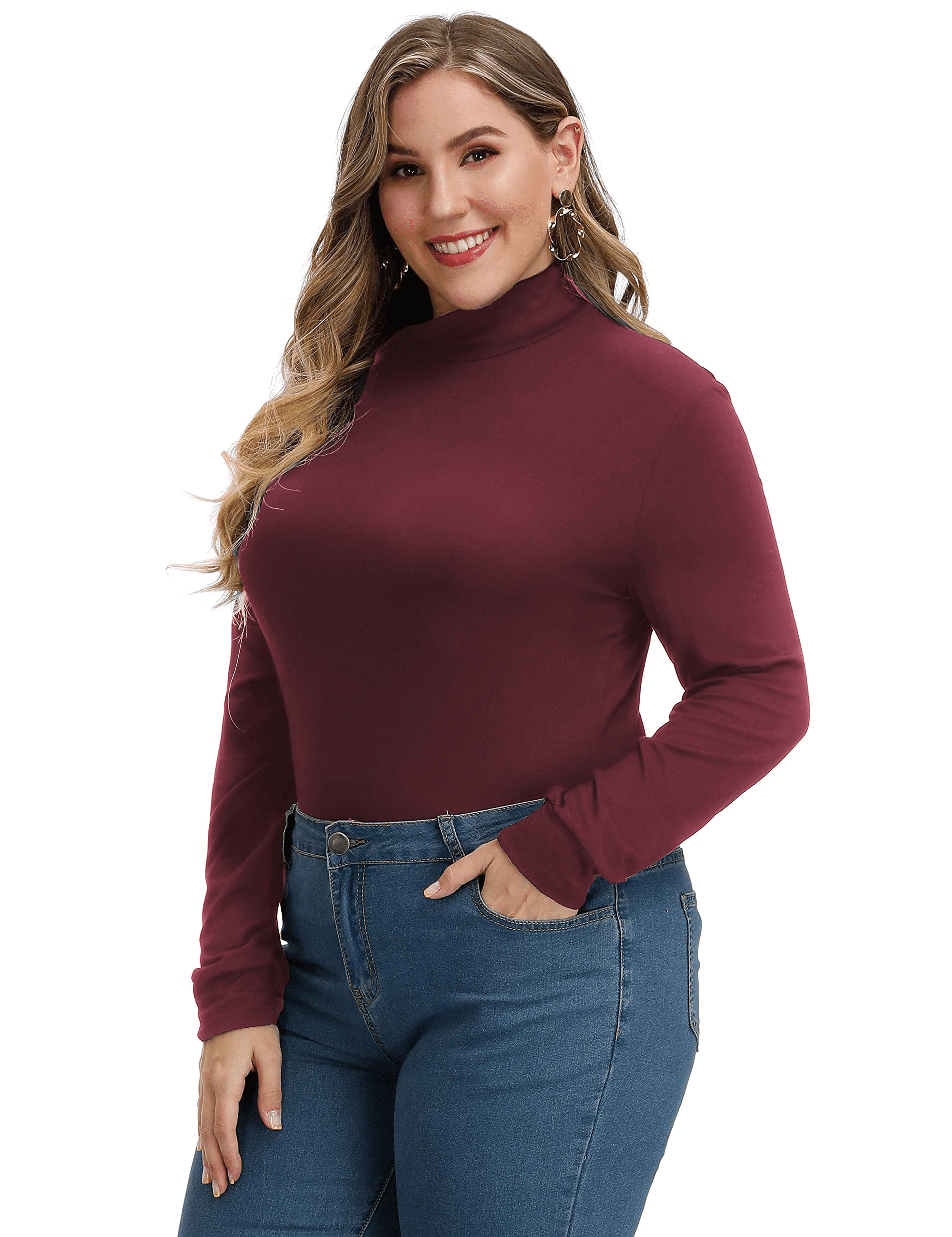 Hanna Nikole Women Plus Size Basic Mock Neck Slim Fitted Long Sleeve ...