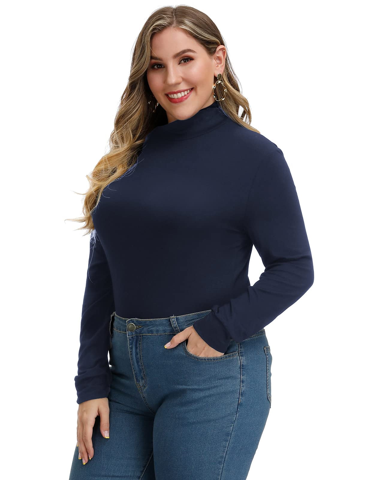 Hanna Nikole Women Plus Size Basic Mock Neck Slim Fitted Long Sleeve ...