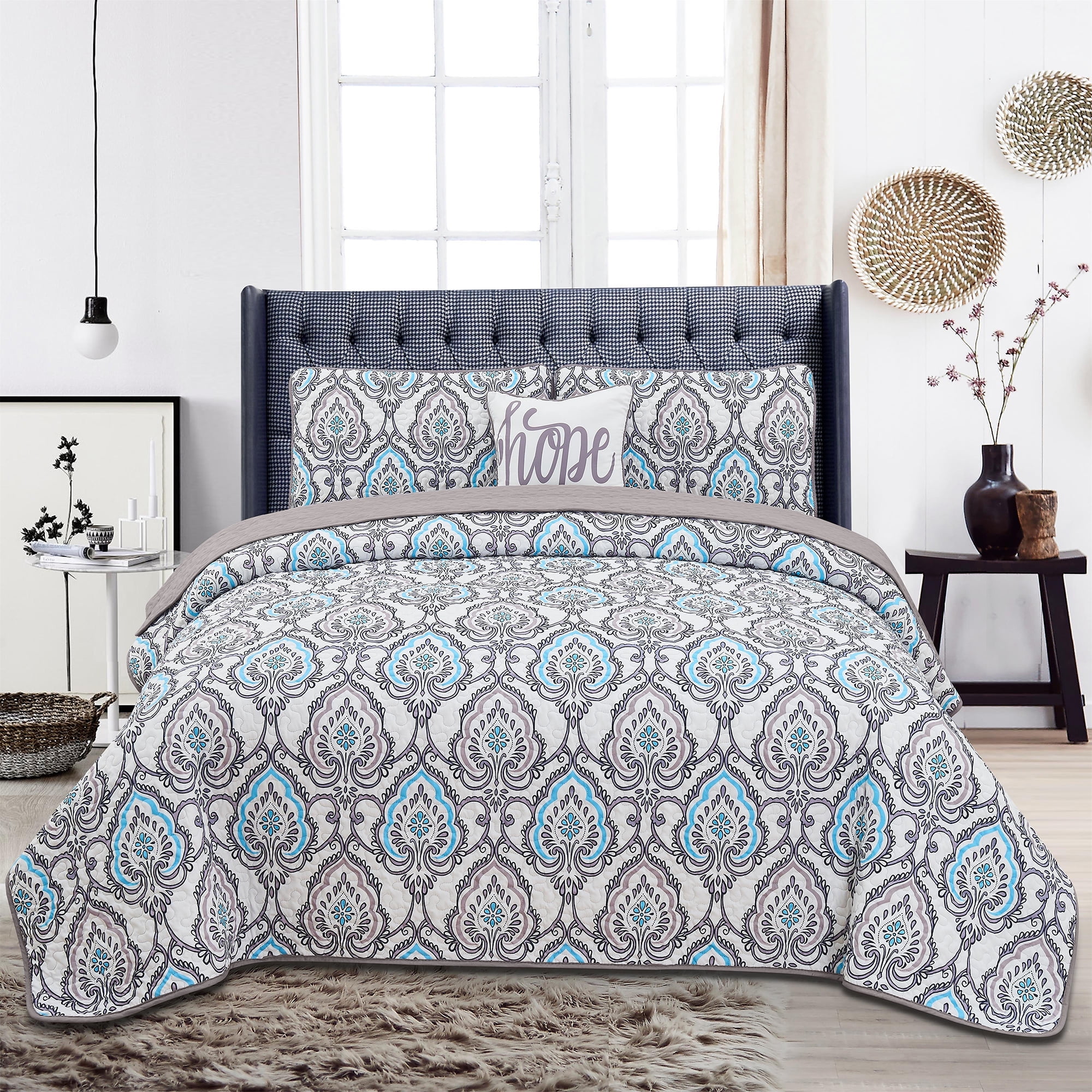 Hannah Linen Queen Quilt Set - 4 Piece, Microfiber, Shams & Decorative ...