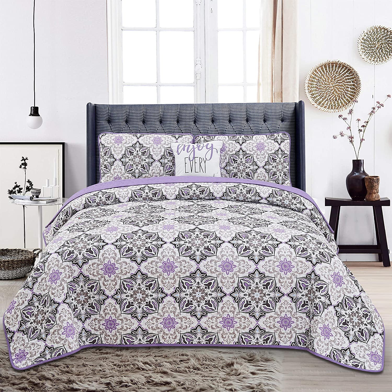 Hannah Linen Twin Quilt Set - 3 Piece Microfiber Down Alternative ...