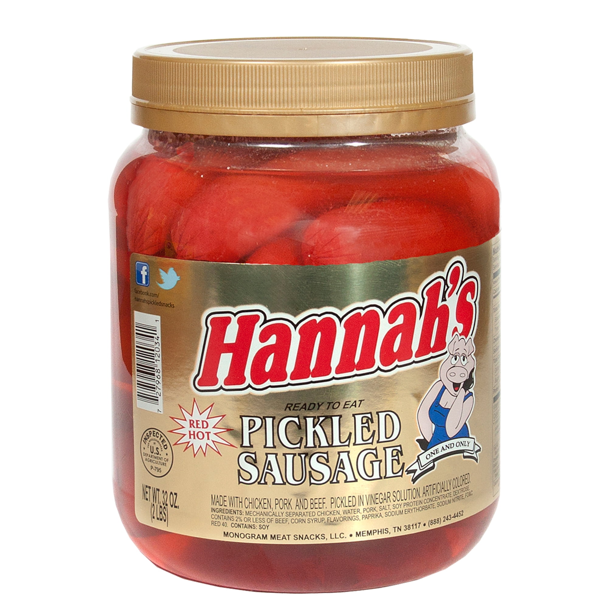 Hannah's, Pickled Sausage Links, 32oz Jar, Spicy Red Hot Flavor ...