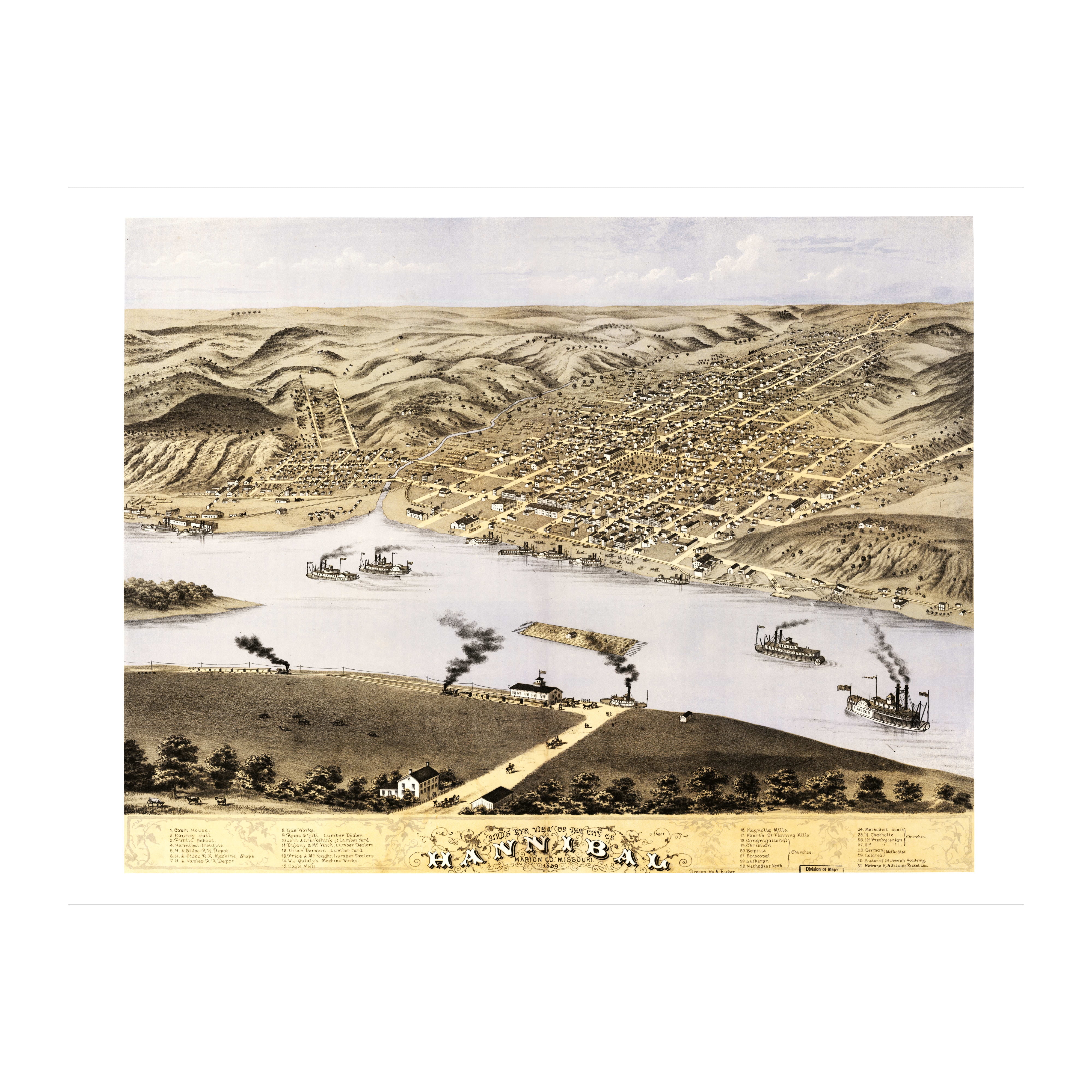 Hannibal Art, 1869 Vintage Map of Hannibal Missouri, MO History Wall ...