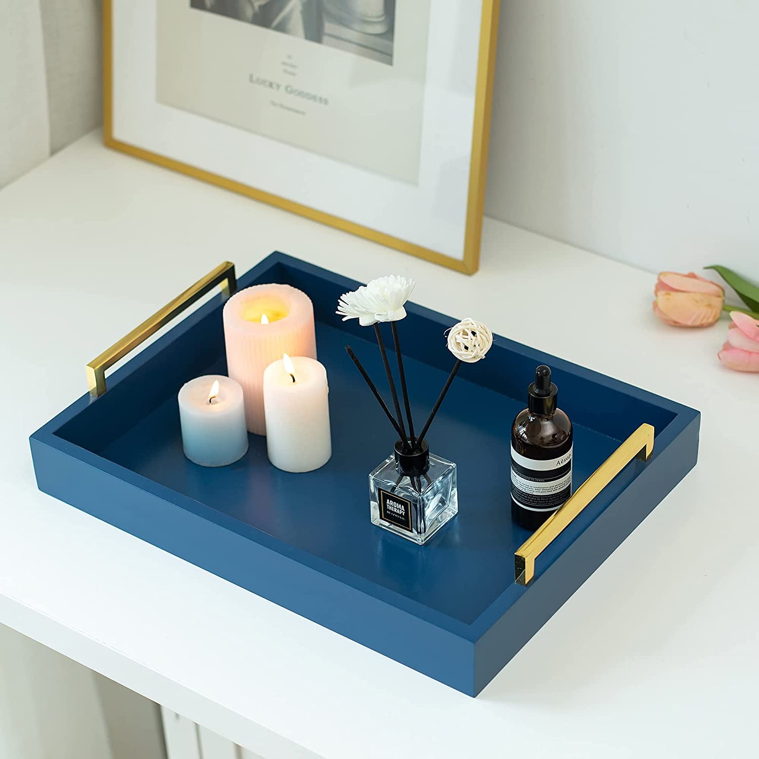 Hanobe Blue Decorative Trays for Coffee Table Large Ottoman Tray for ...
