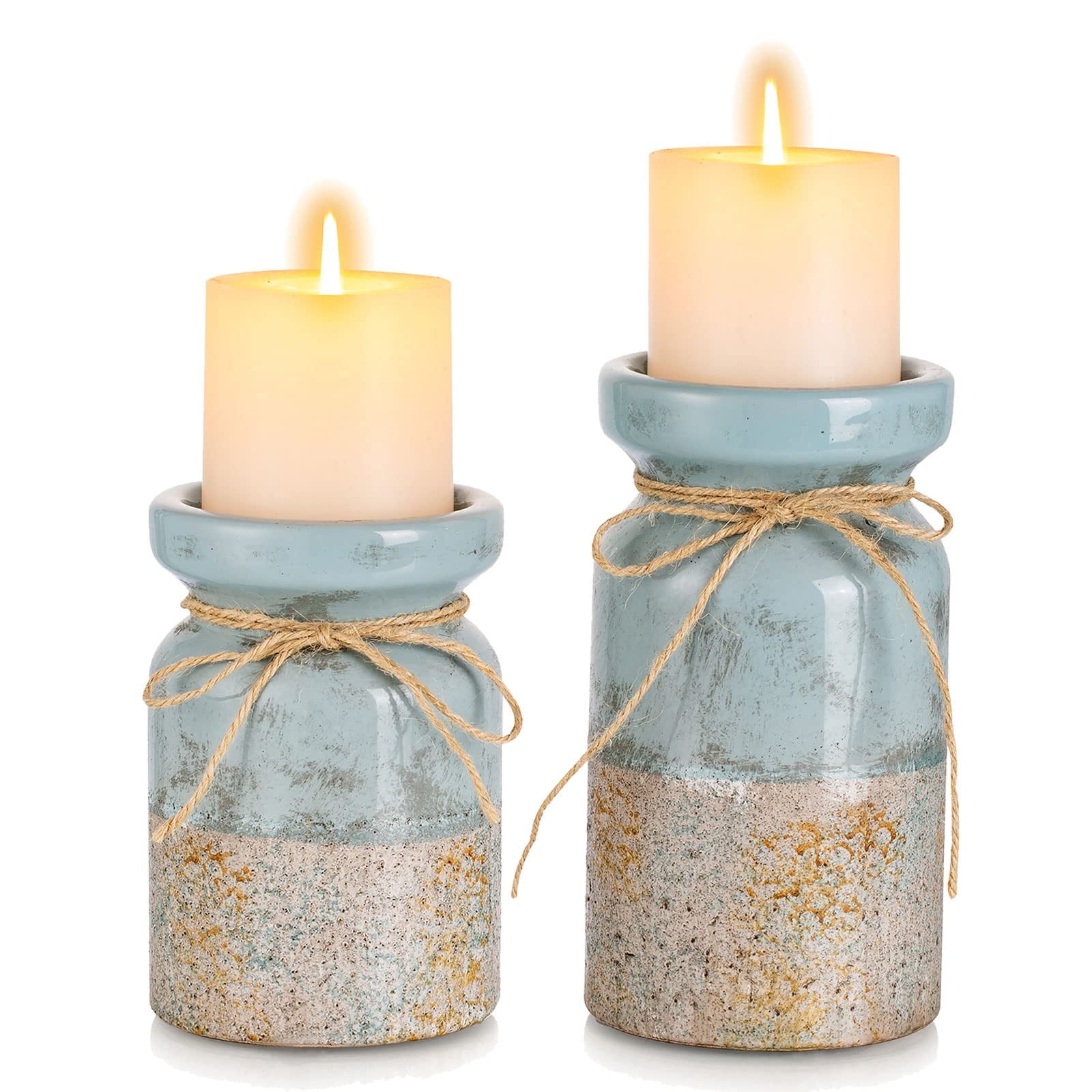 Hanobe Coastal Blue Pillar Candle Holder for Table- S/2 Farmhouse ...