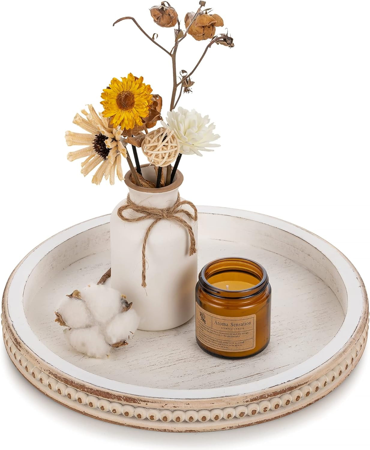 Hanobe Decorative Serving Tray Wood: White Washed Bead Round Tray Decor ...