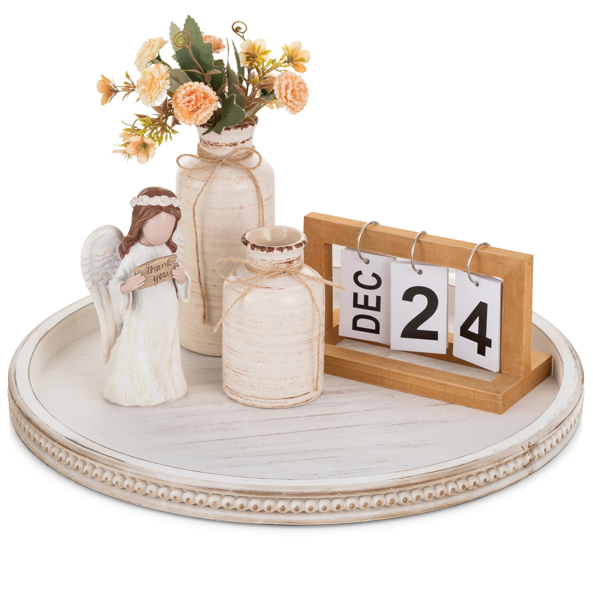 Hanobe Decorative Tray, 17.7" Round Wood Bead Tray, Whitewashed ...