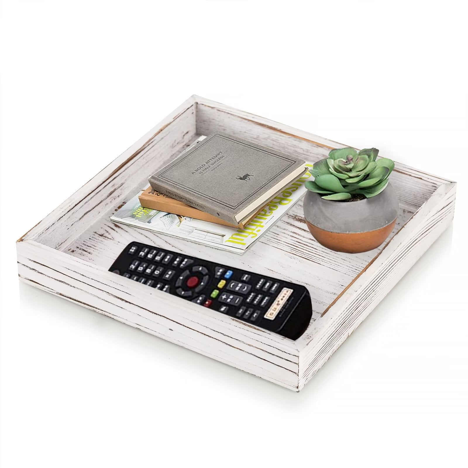 Hanobe Farmhouse Decorative Square Wood Tray 10x10 inches Whitewashed ...