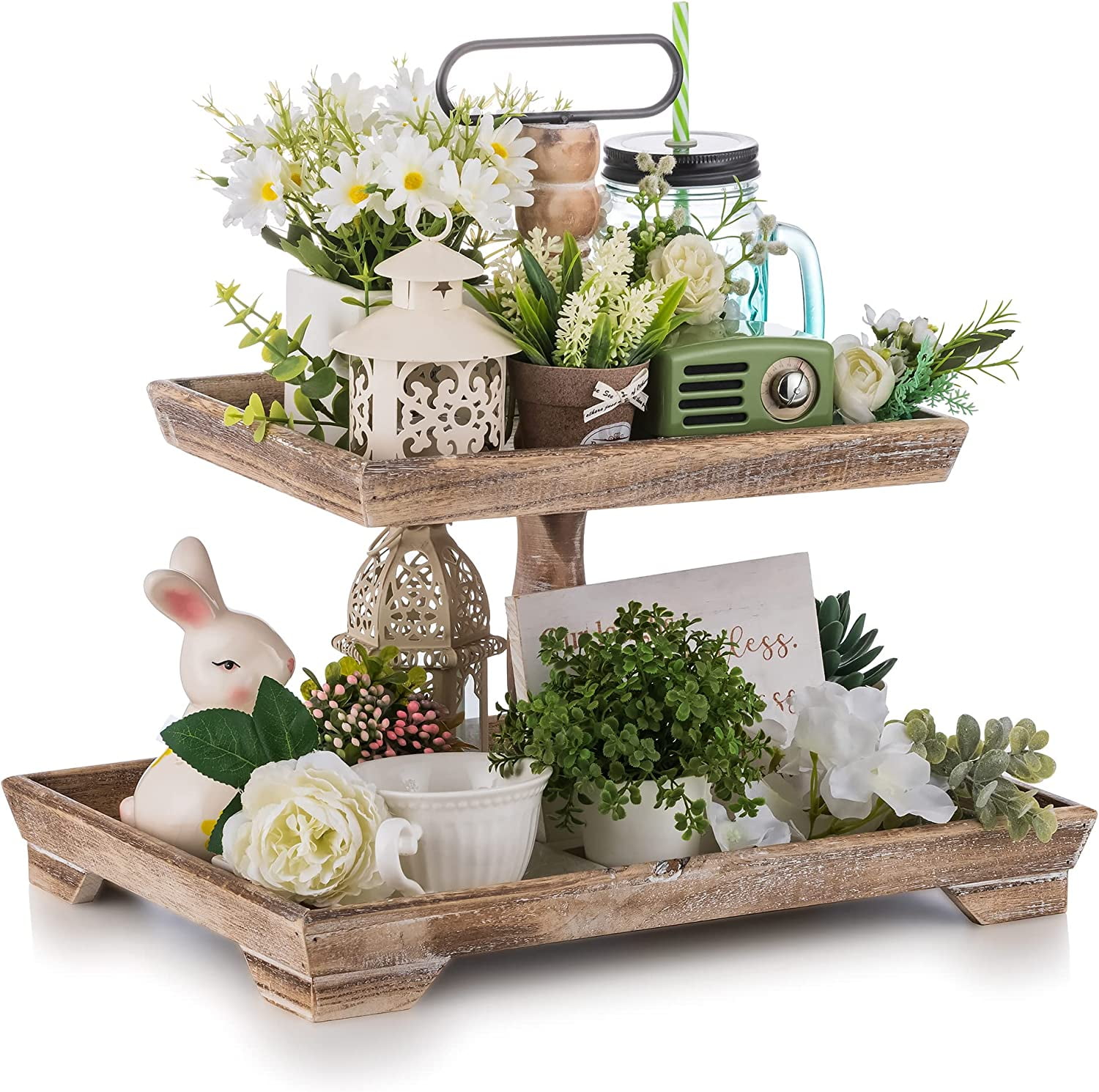 Hanobe Farmhouse Tiered Stand Rustic 2 Tired Wooden Serving Tray for ...