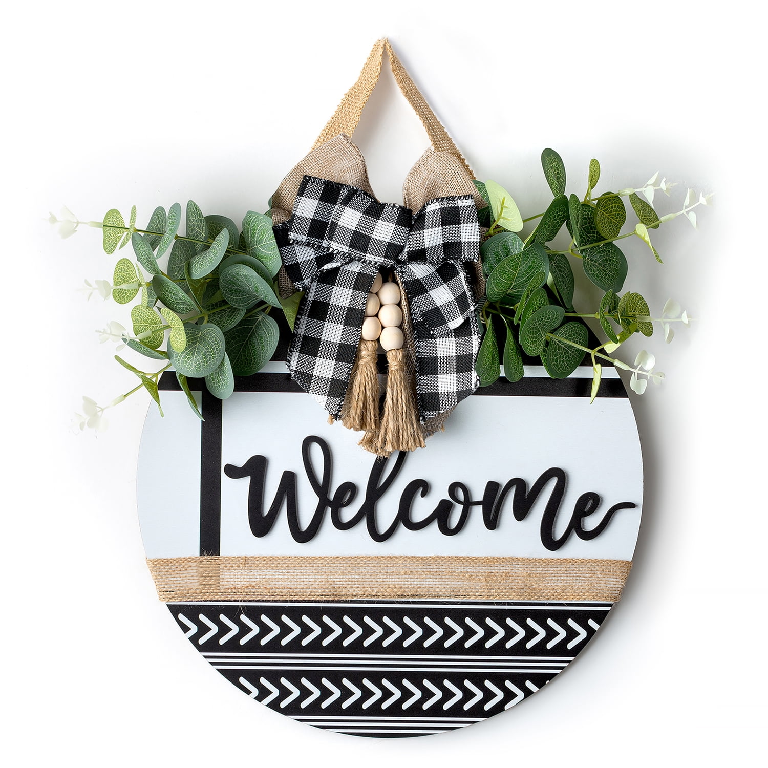 Hanobe Wooden Farmhouse Welcome Sign with Rustic Beads and Artificial ...