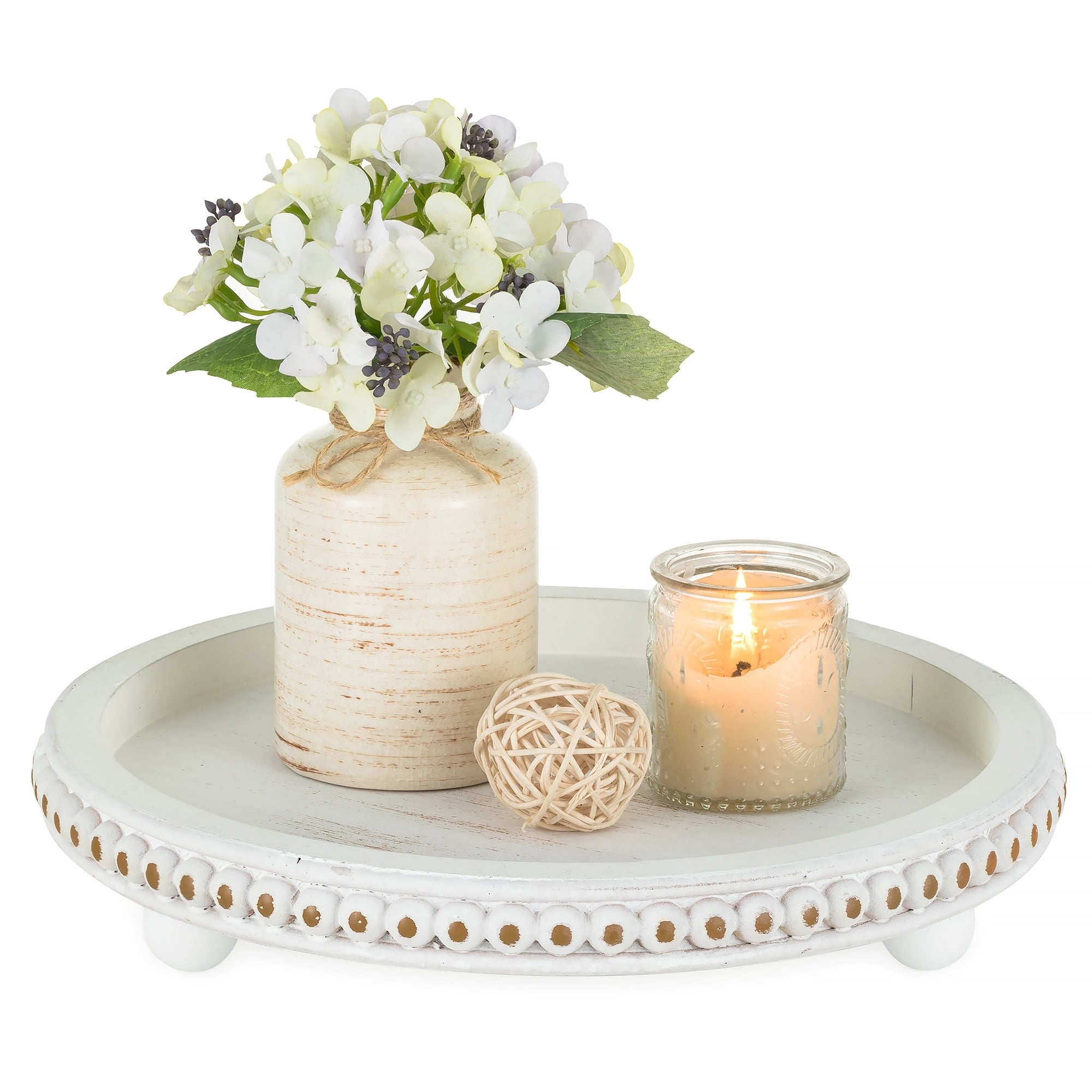 Hanobe Wooden Tray Decorative Home Decor : 12" Rustic Beaded Round ...