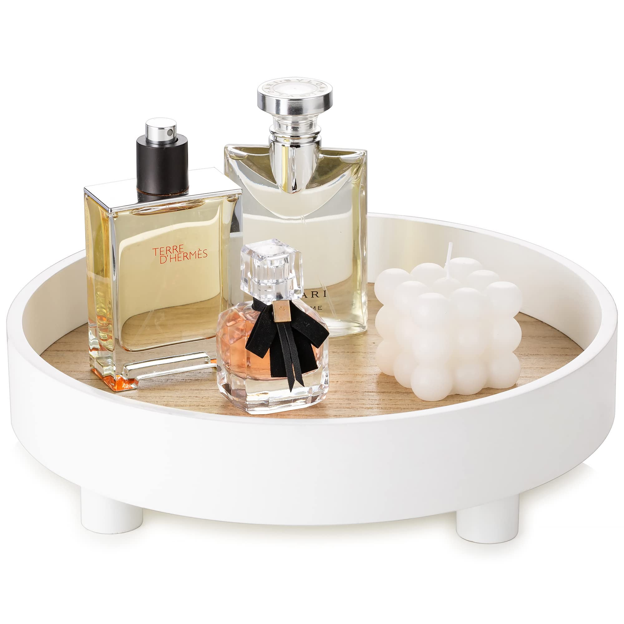 Hanobe Decorative Round Vanity Tray, White Wood Riser for Bathroom ...