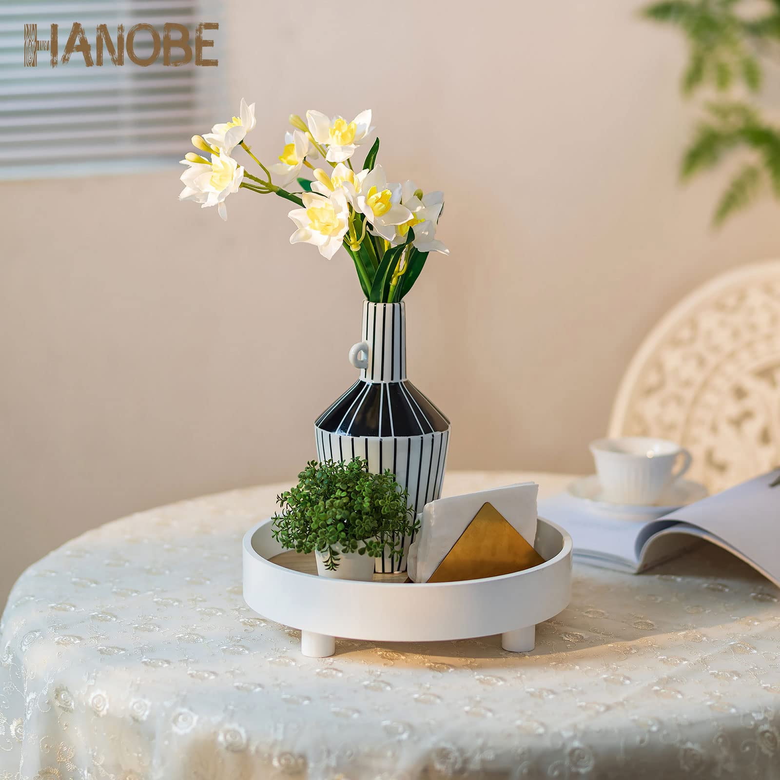 Hanobe Decorative Round Vanity Tray, White Wood Riser for Bathroom ...