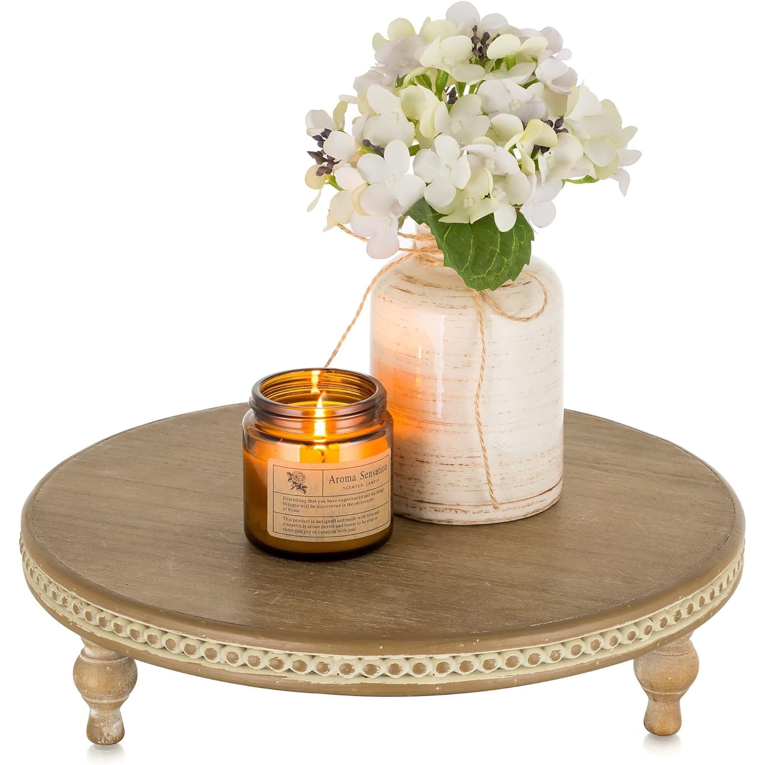 Hanobe Farmhuse Decorative Round Wood Tray Stand，Beaded Wood Risers for ...