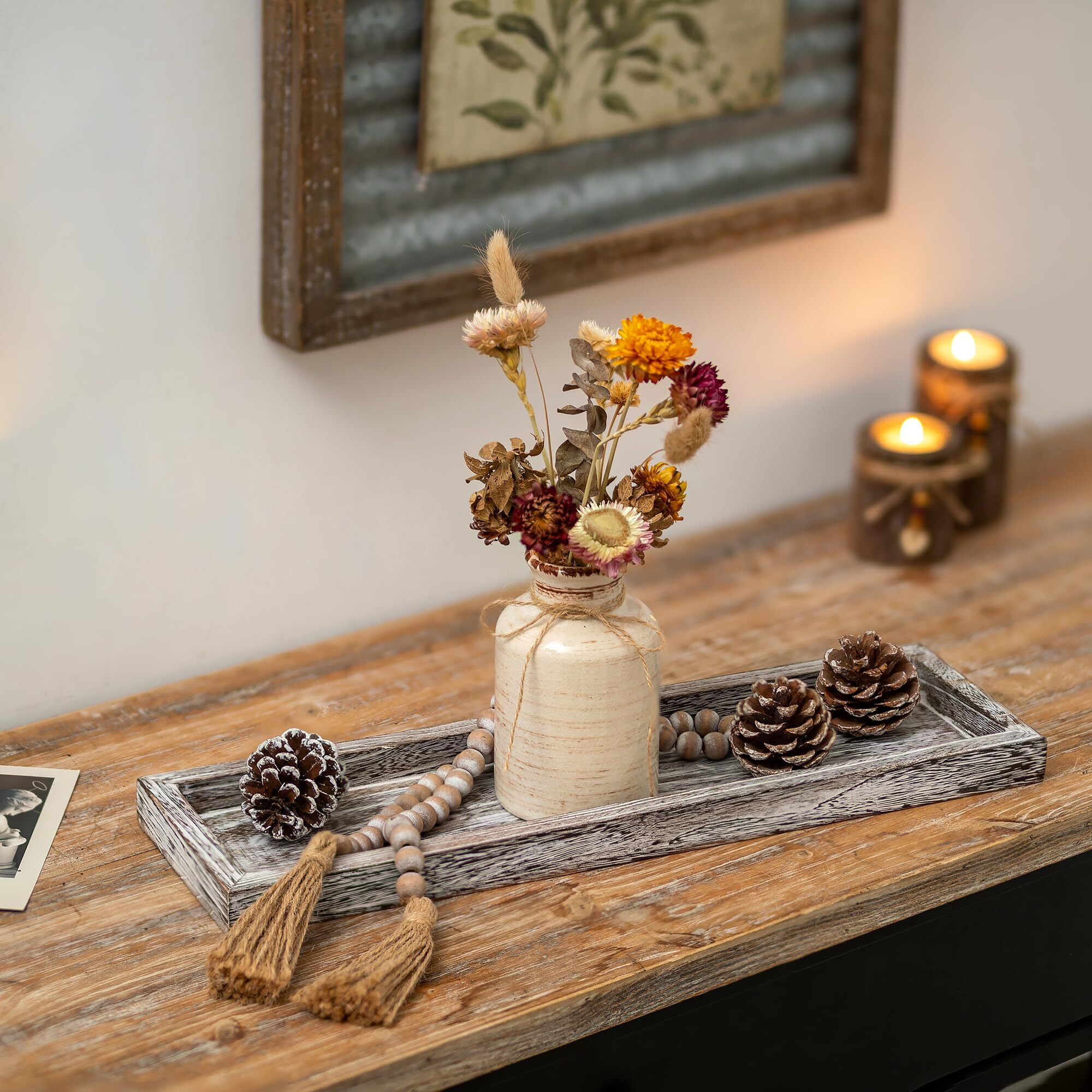 Hanobe Rustic Farmhouse Decorative Wood Candle Tray -15" Wooden Long ...