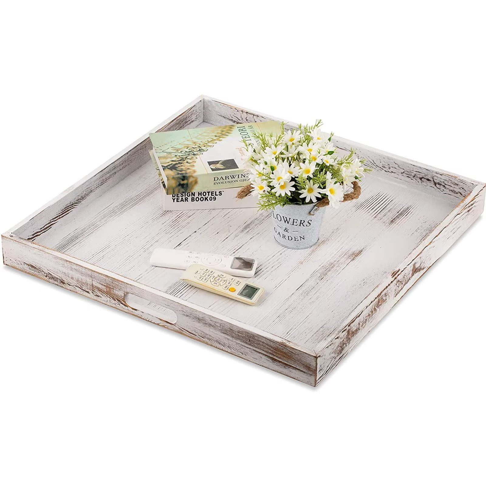 "Hanobe 20"" Extra Large White Wooden Ottoman Tray, Decorative Serving ...
