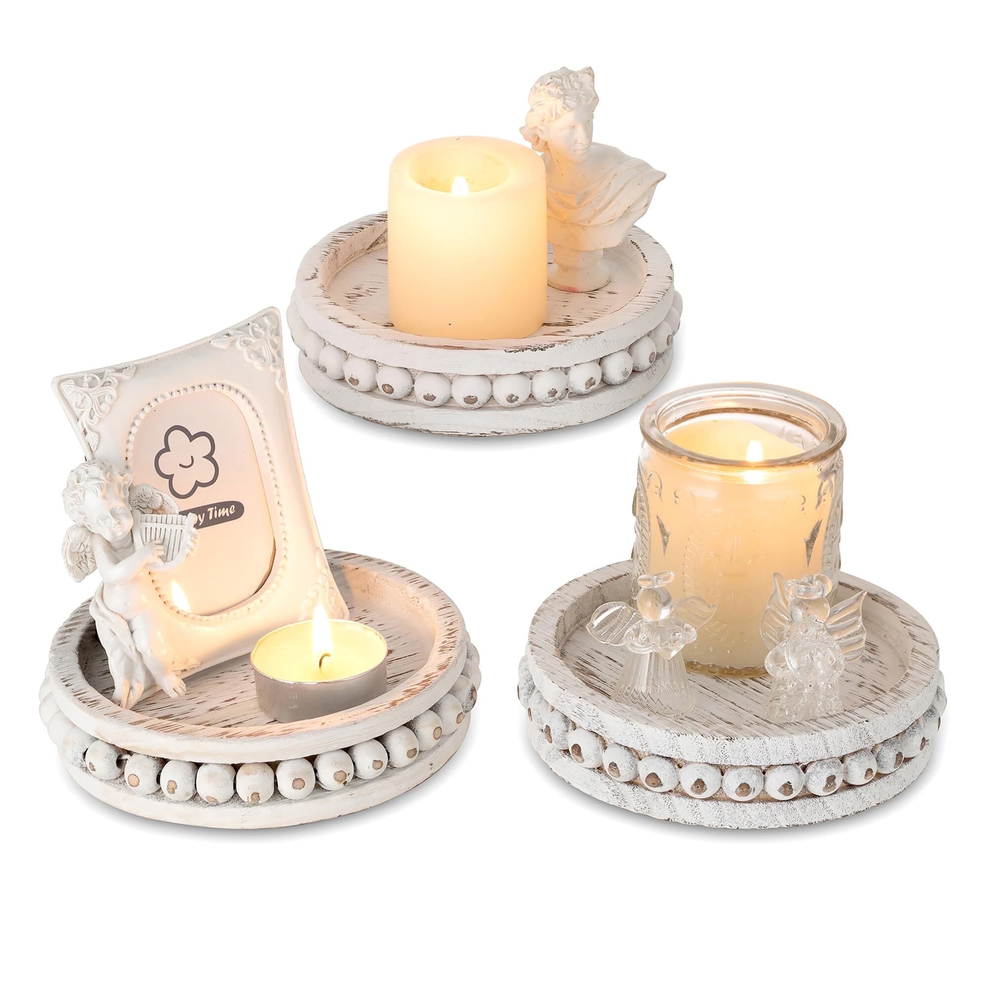 Hanobe Wooden Candle Holder Plate Set of 3 5.1 inch diameter Beaded ...