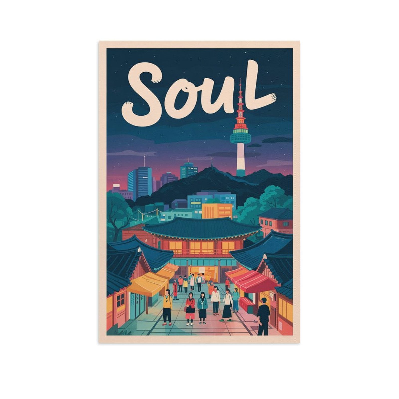 Hanok Village Classic Poster Retro Seoul Cityscape with Historic ...