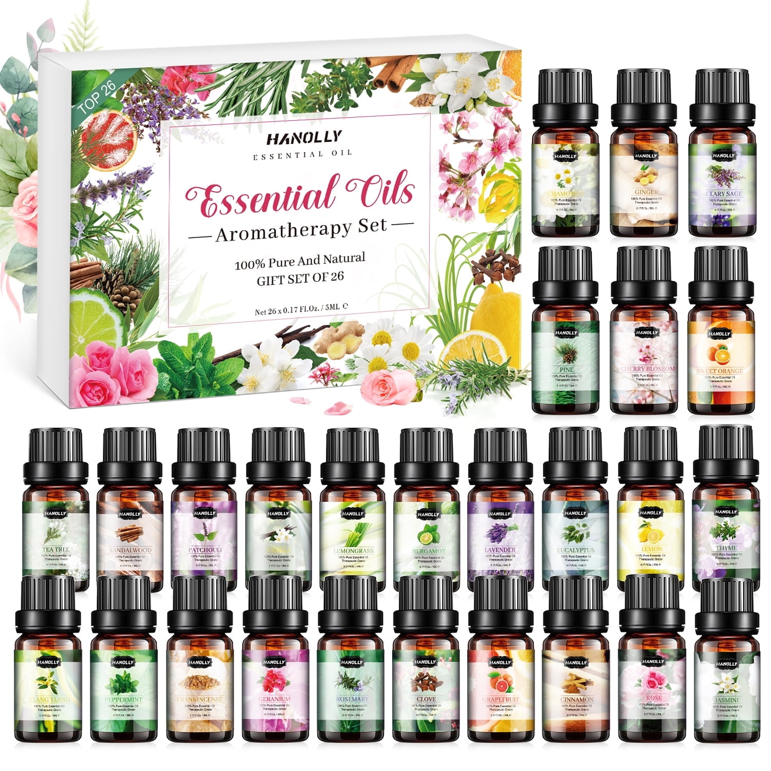 Hanolly Floral Essential Oil Set - 26 x 5ml Undiluted Oils for Diffuser ...