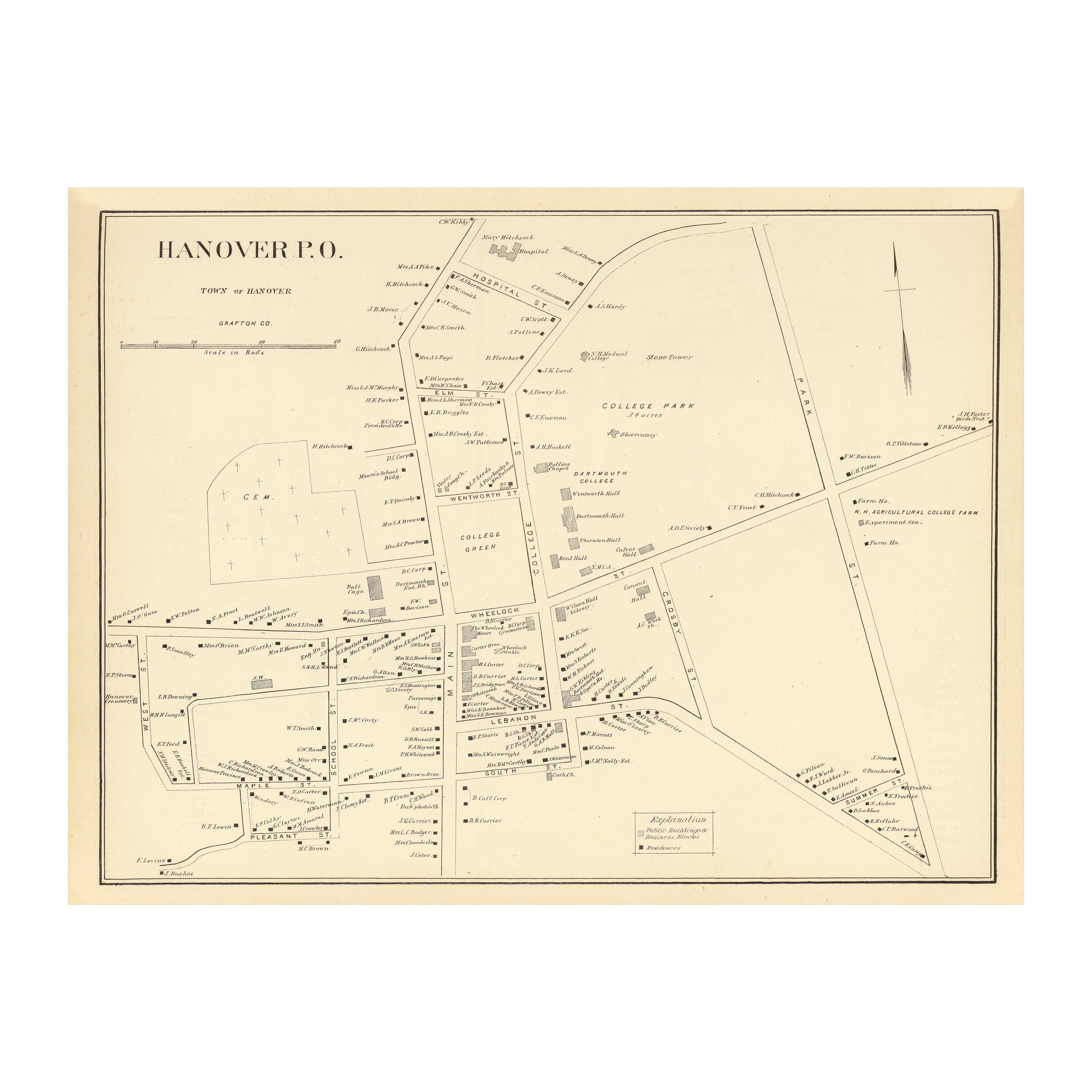 Hanover Art, 1892 Vintage Map of Hanover New Hampshire, NH History Wall ...