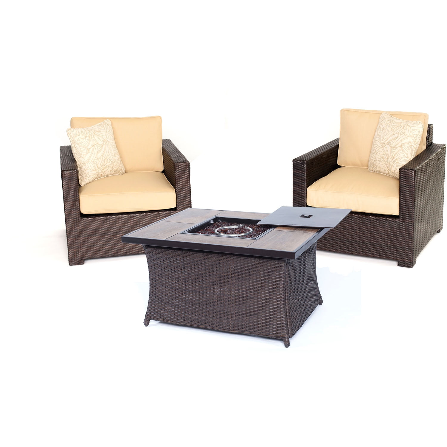 Hanover Metropolitan 3-Piece Woven Fire Pit Chat Set with Glazed Faux ...