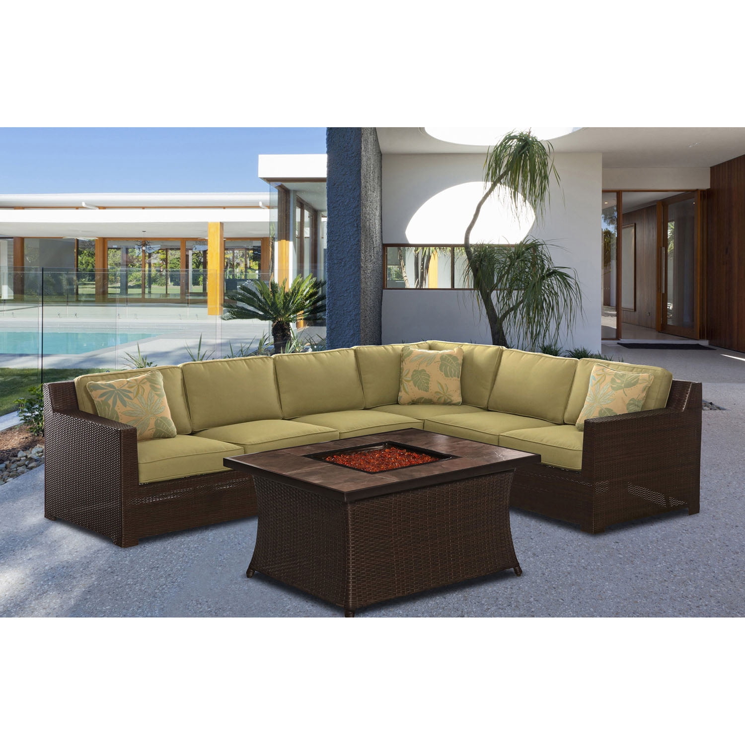 Hanover Metropolitan Woven Fire Pit Lounge Set with Faux-Stone Tile Top ...