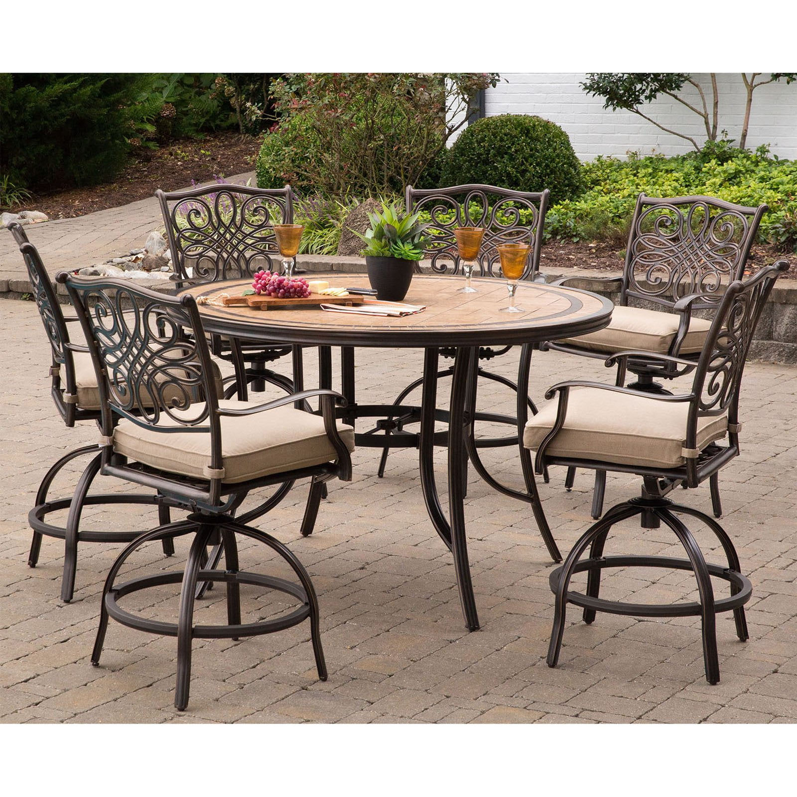 Hanover Monaco 7 Piece High Dining Set in Tan with A 56 in. Tile Top Table and 6 Swivel Chairs