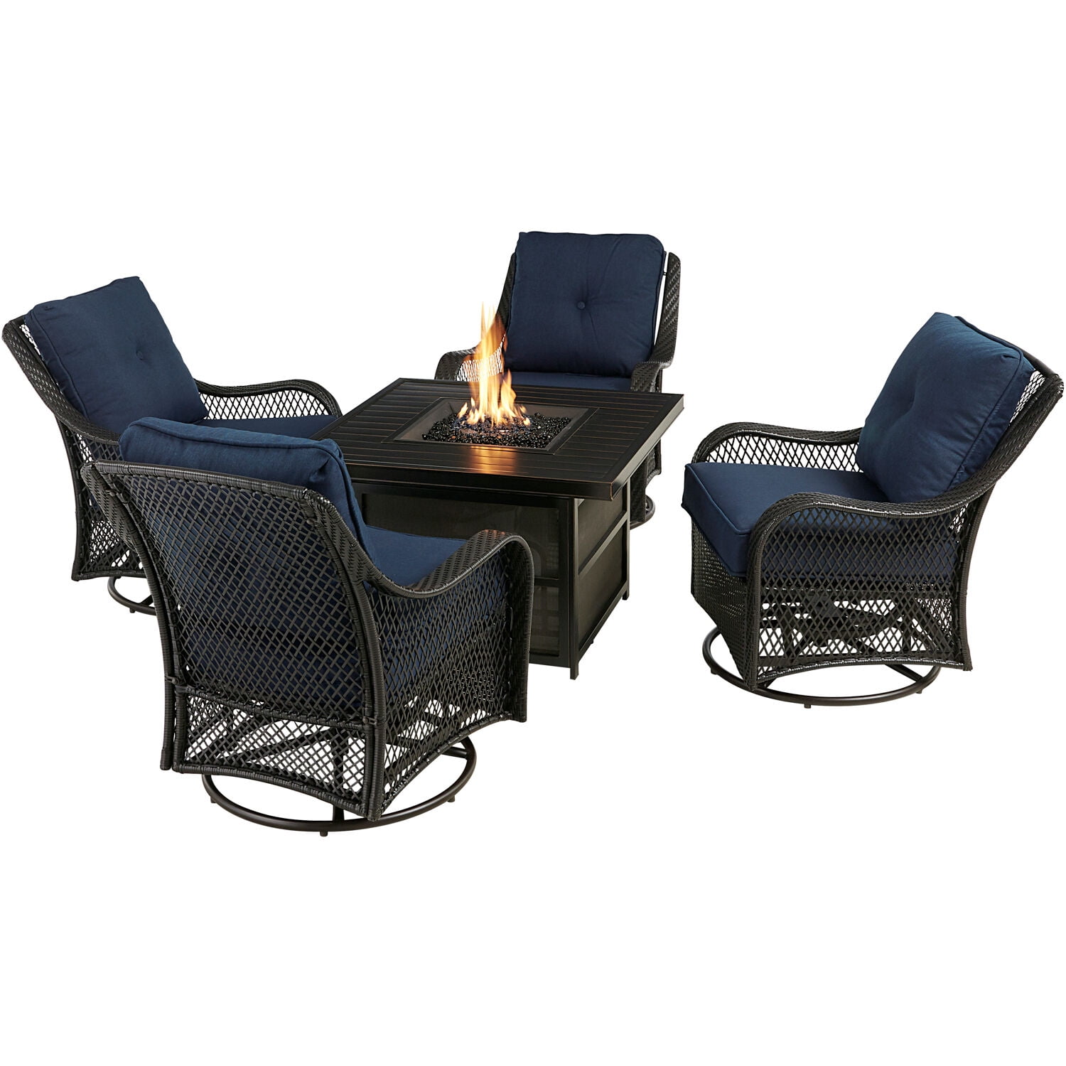 Hanover Orleans 5 Pcs Wicker and Steel Propane Fire Pit Chat Set, Navy ...