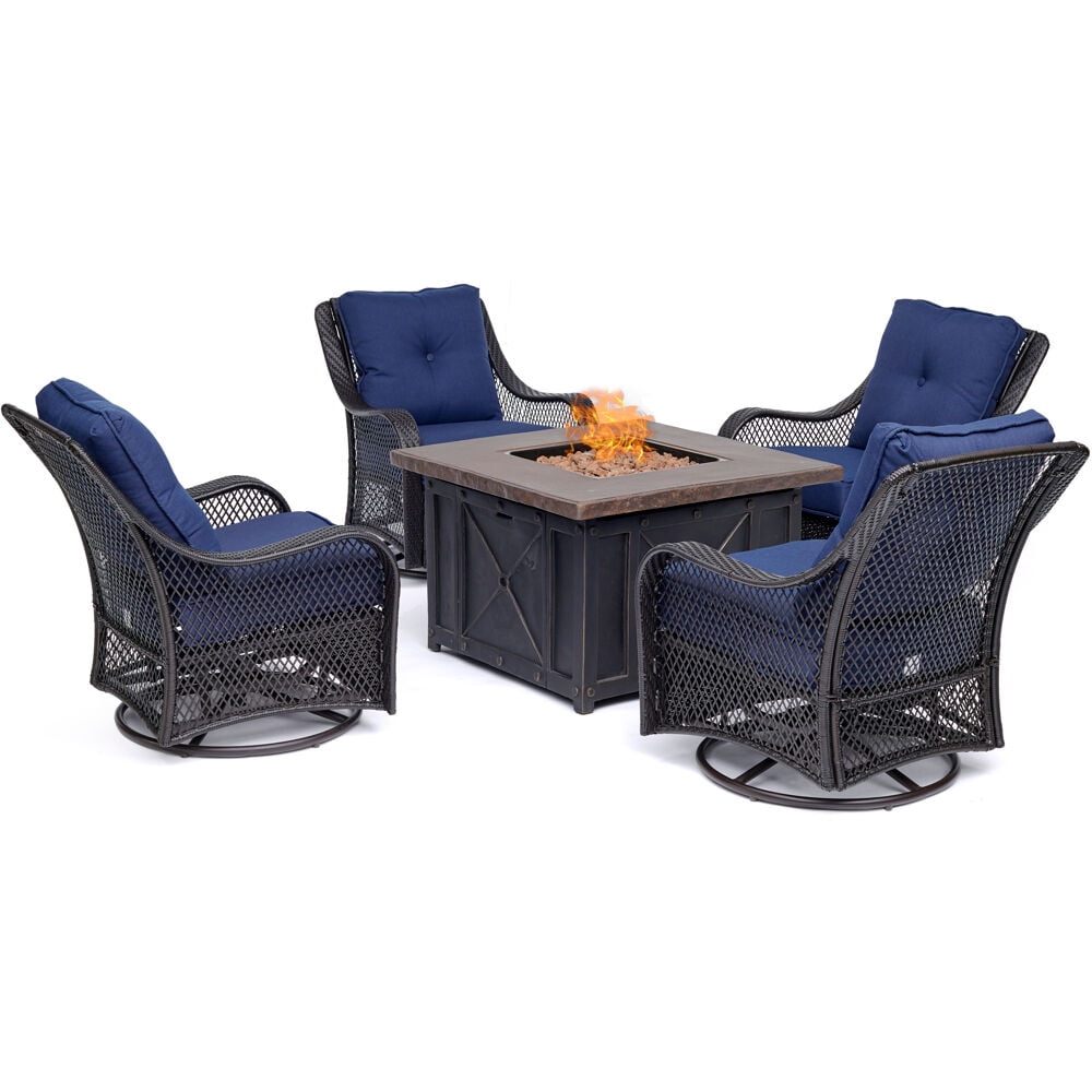 Hanover Orleans 5-Piece Fire Pit Chat Set in Navy Blue with 4 Woven ...