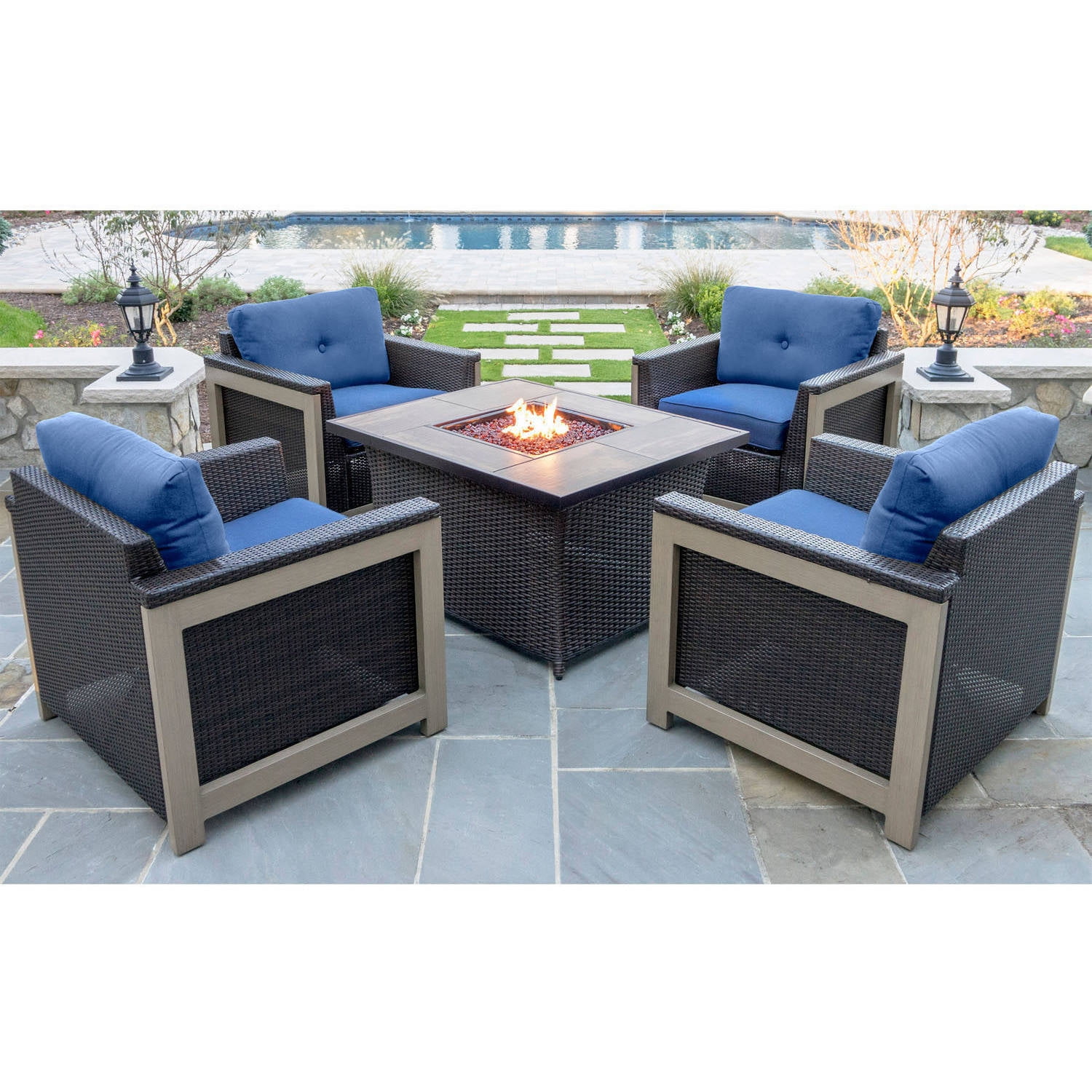 Hanover Outdoor Montana 5-Piece Woven Fire Pit Chat Set with Faux ...