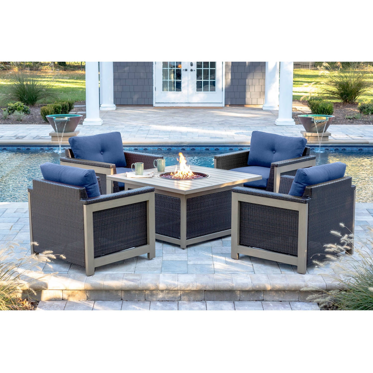 Hanover Outdoor Montana 5-Piece Woven Fire Pit Chat Set with Slate Top ...