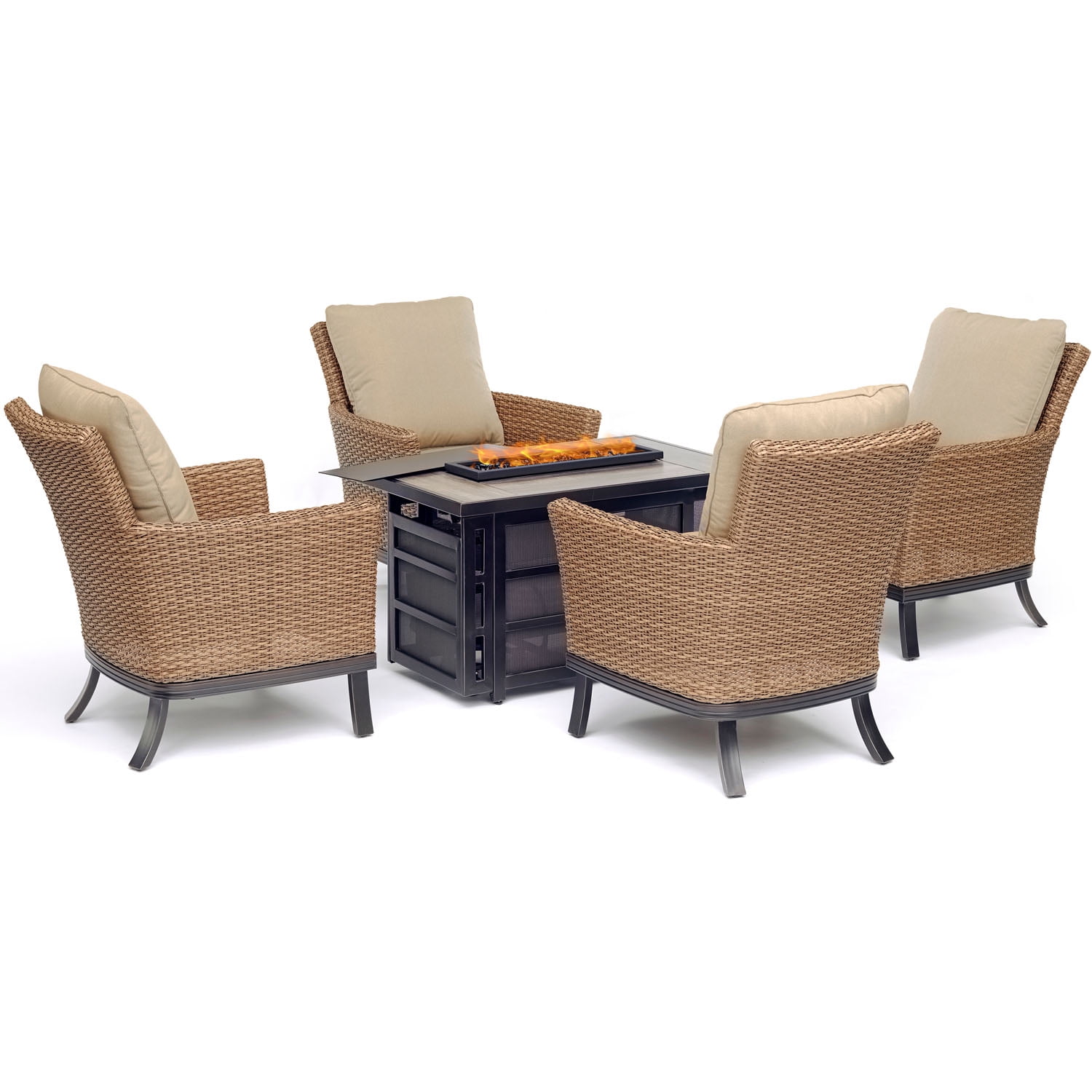 Hanover Slater 5-Piece Fire Pit Chat Set with 4 Woven Arm Chairs and a ...
