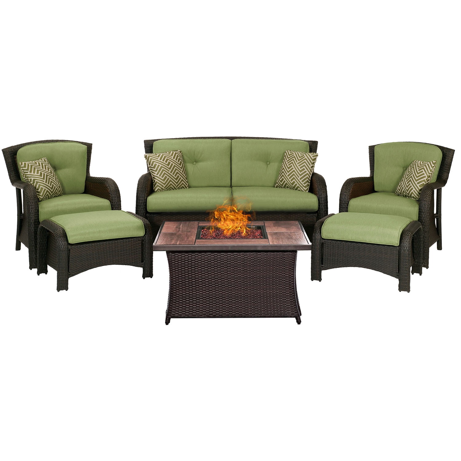 Hanover Strathmere 6 Pcs Wicker and Steel Propane Fire Pit Sectional ...