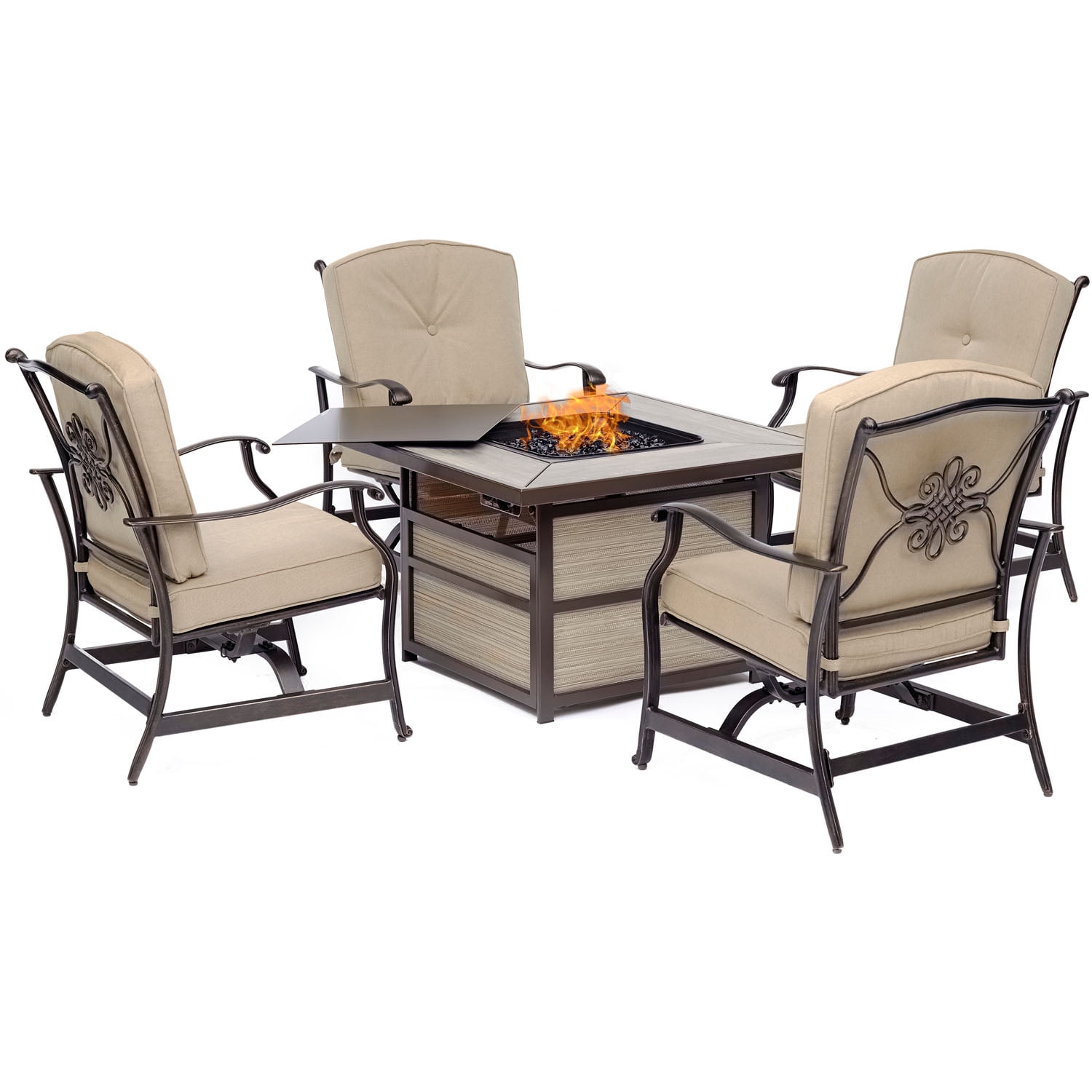 Hanover Traditions 5-Piece Fire Pit Chat Set with 4 Cushioned Rockers ...