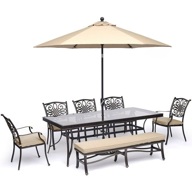 Hanover Traditions 7-Piece Dining Set in Tan with 5 Chairs, Bench, a 42 ...