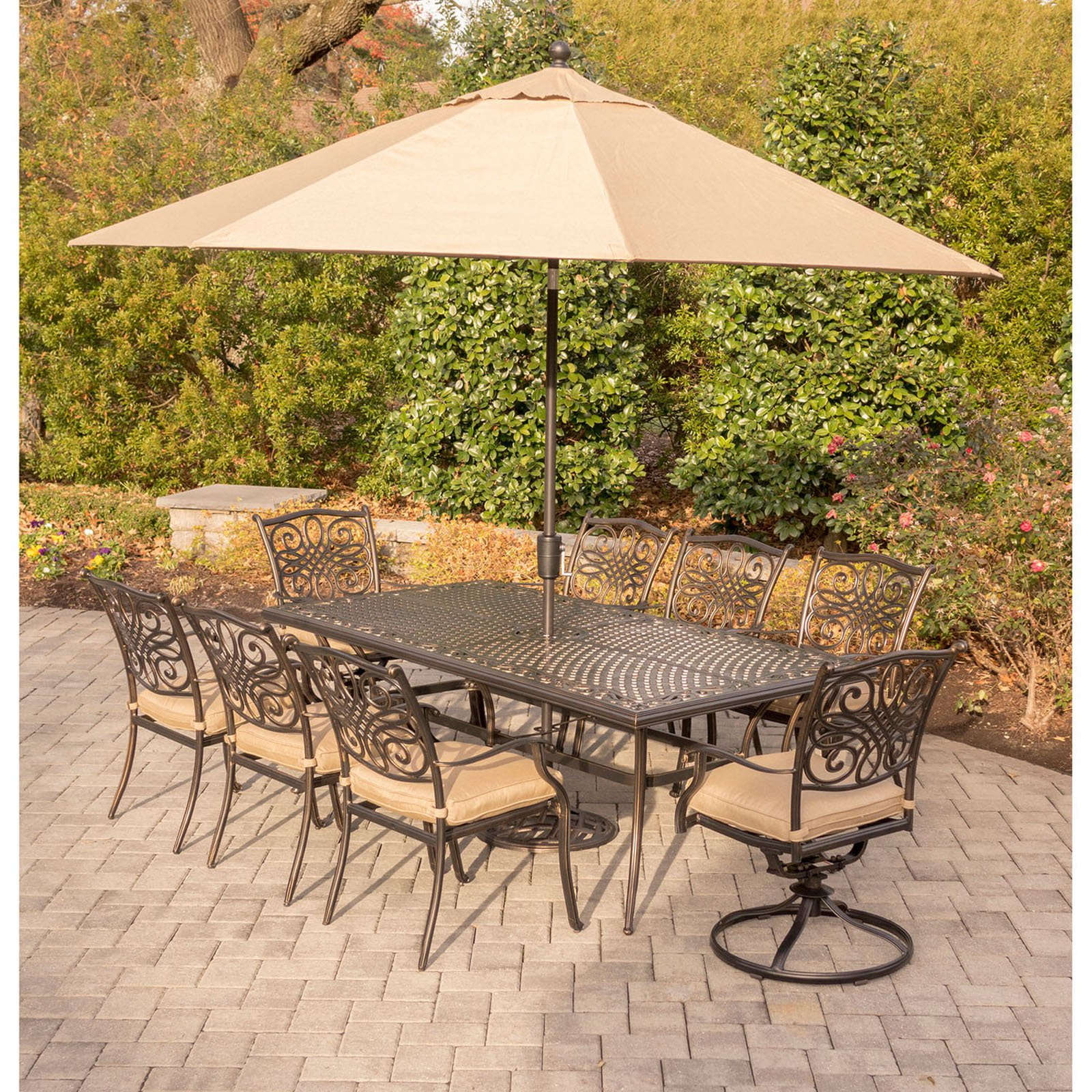 Hanover Traditions 9-Piece Aluminum Outdoor Dining Set with Umbrella ...