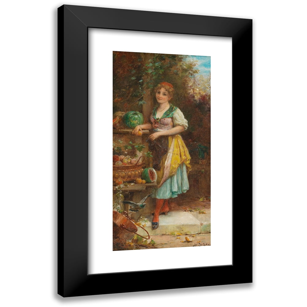 Hans Zatzka 13x24 Black Modern Framed Museum Art Print Titled Girl With Rich Fruit Bowl